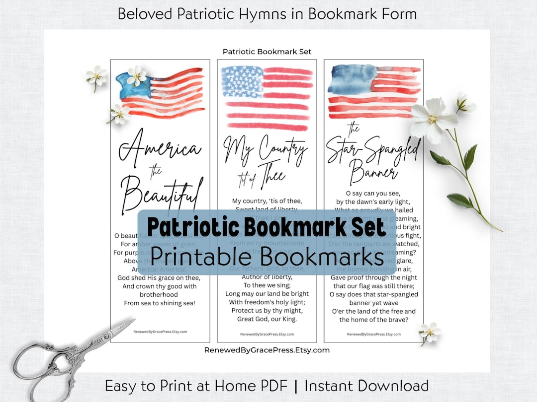 Patriotic Bookmark Gift Printable, USA Hymn Lyrics Bookmarks, America ...