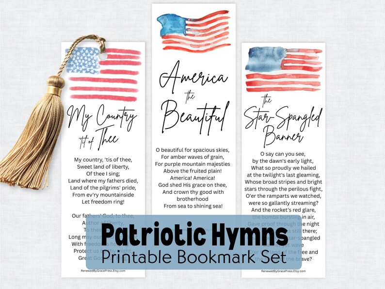 Patriotic Bookmark Gift Printable, USA Hymn Lyrics Bookmarks, America ...