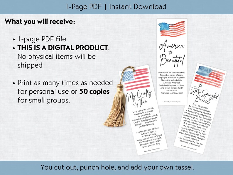 Patriotic Bookmark Gift Printable, USA Hymn Lyrics Bookmarks, America ...
