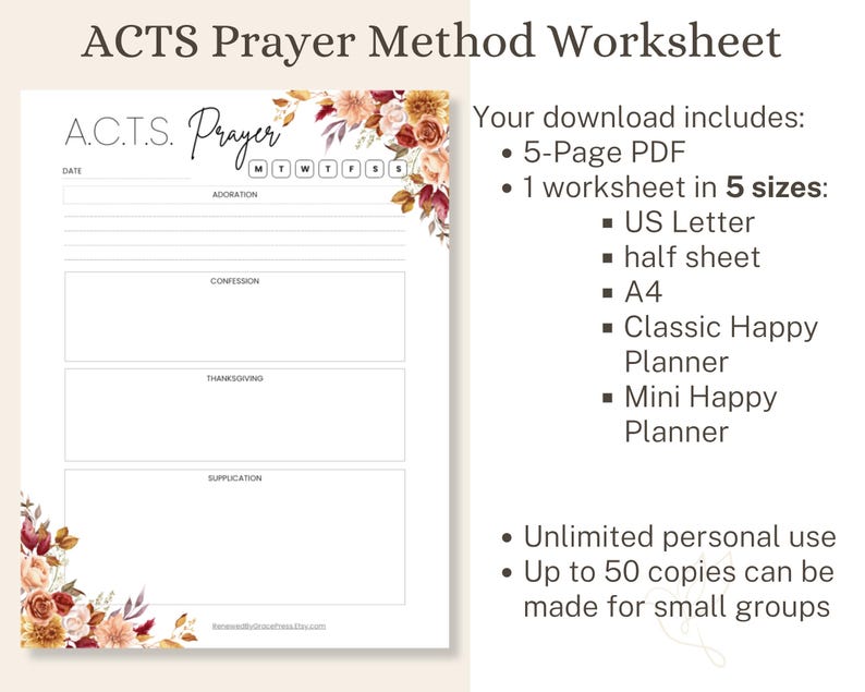 ACTS Prayer Worksheet Printable, Prayer Journal Page, Bible Study ...