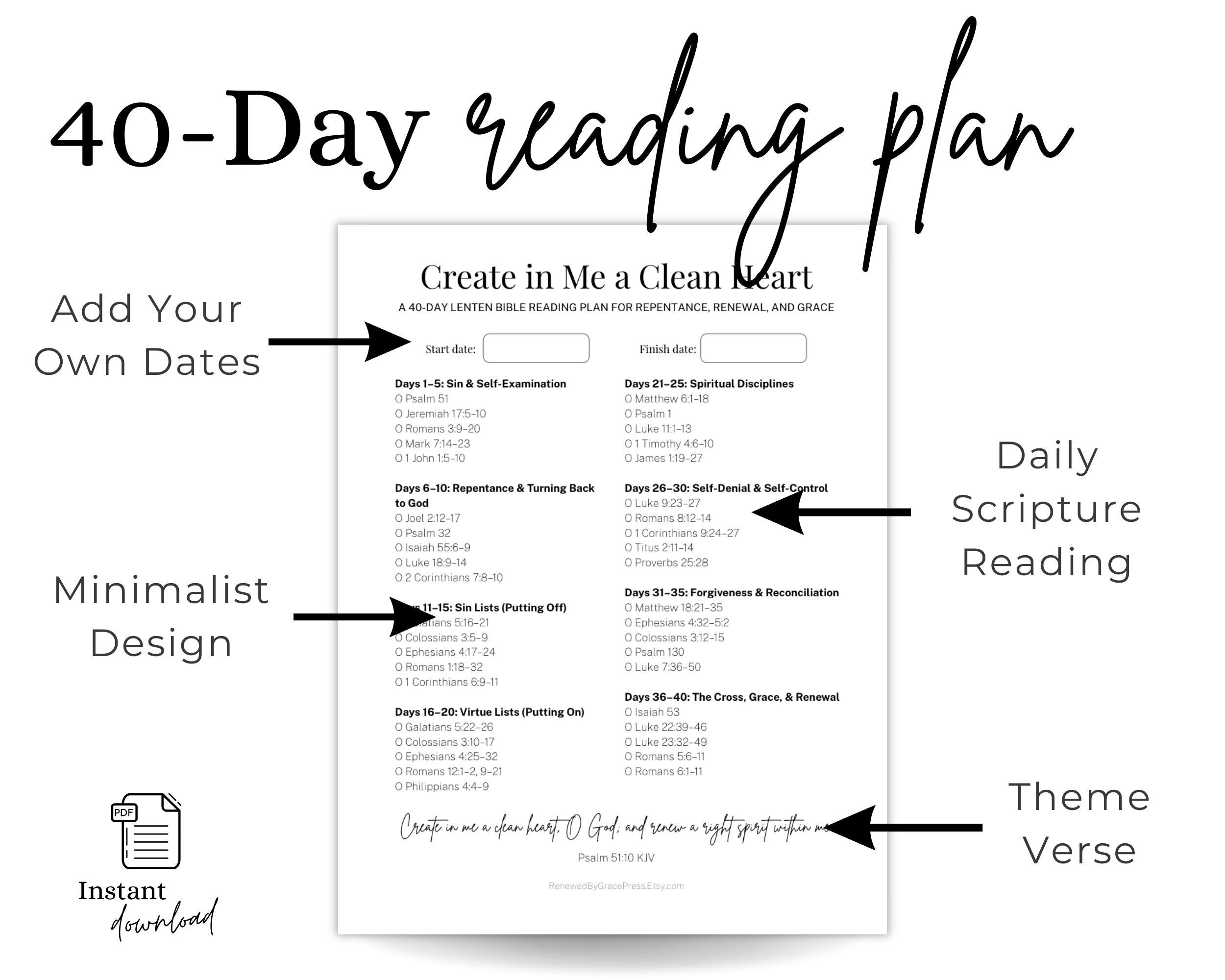 Create in Me a Clean Heart – 40 Day Lent Bible Reading Plan Printable ...