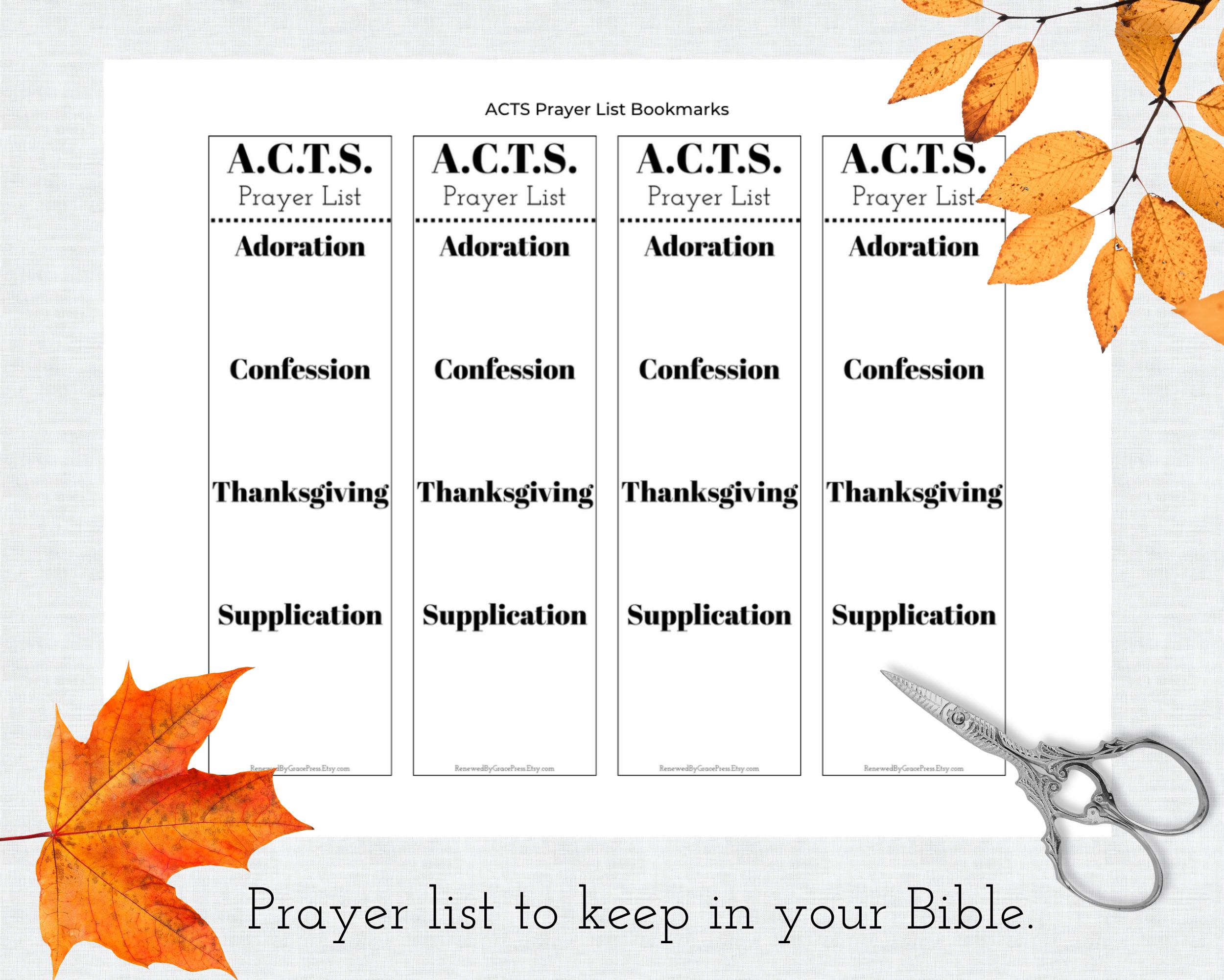 ACTS Prayer Printable Bookmarks How to Pray Guide Bible Study Prayer ...