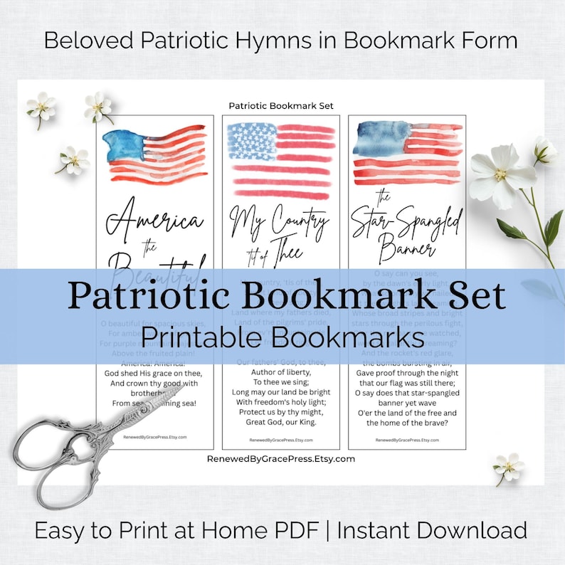 Patriotic Bookmark Printable Set, America the Beautiful, Star Spangled ...