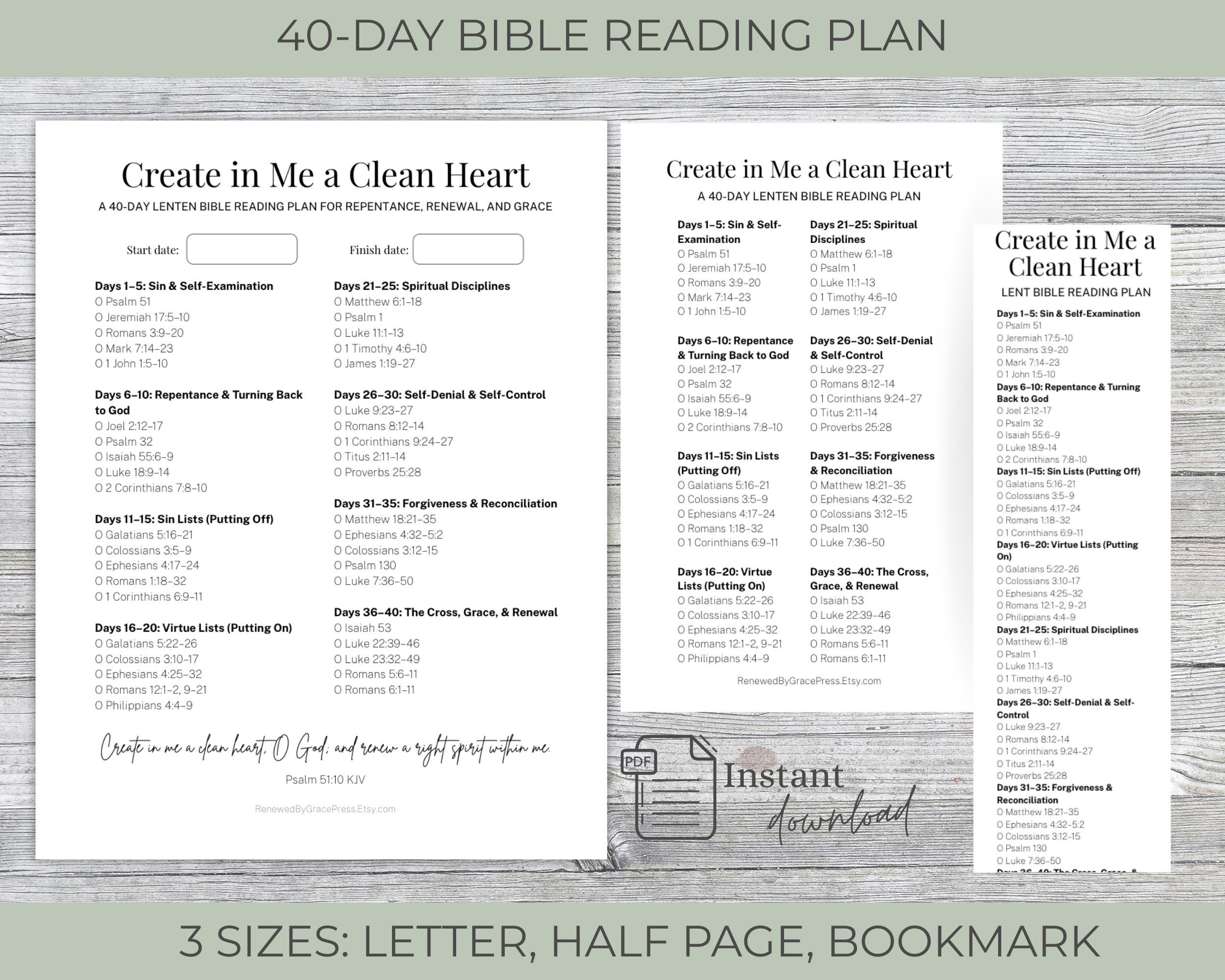 Create in Me a Clean Heart – 40 Day Lent Bible Reading Plan Printable ...