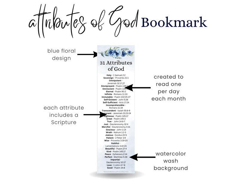 Attributes of God Bookmark Printable Bible Bookmark Christian Gifts ...