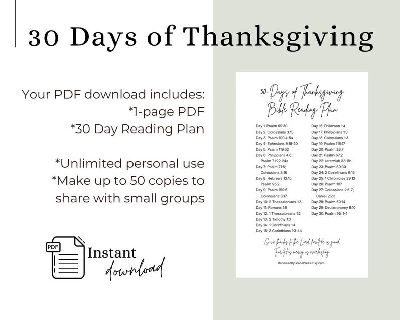 30 Days of Thanksgiving Bible Reading Plan, Half-sheet Printable ...