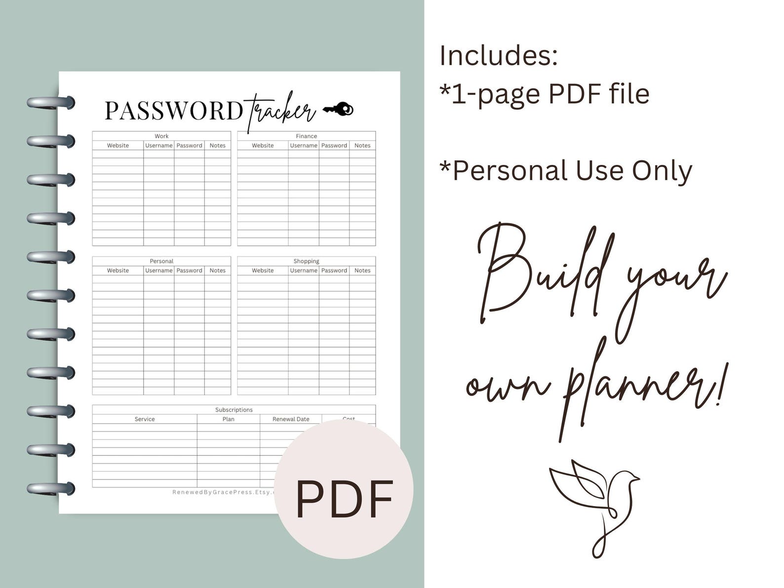 Password Tracker Printable | Password Log in Keeper Organizer | 1-page ...