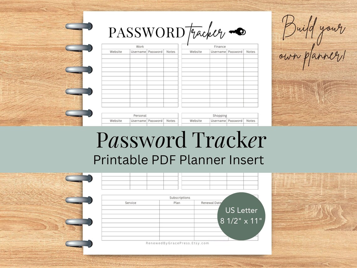 Password Tracker Printable | Password Log in Keeper Organizer | 1-page ...