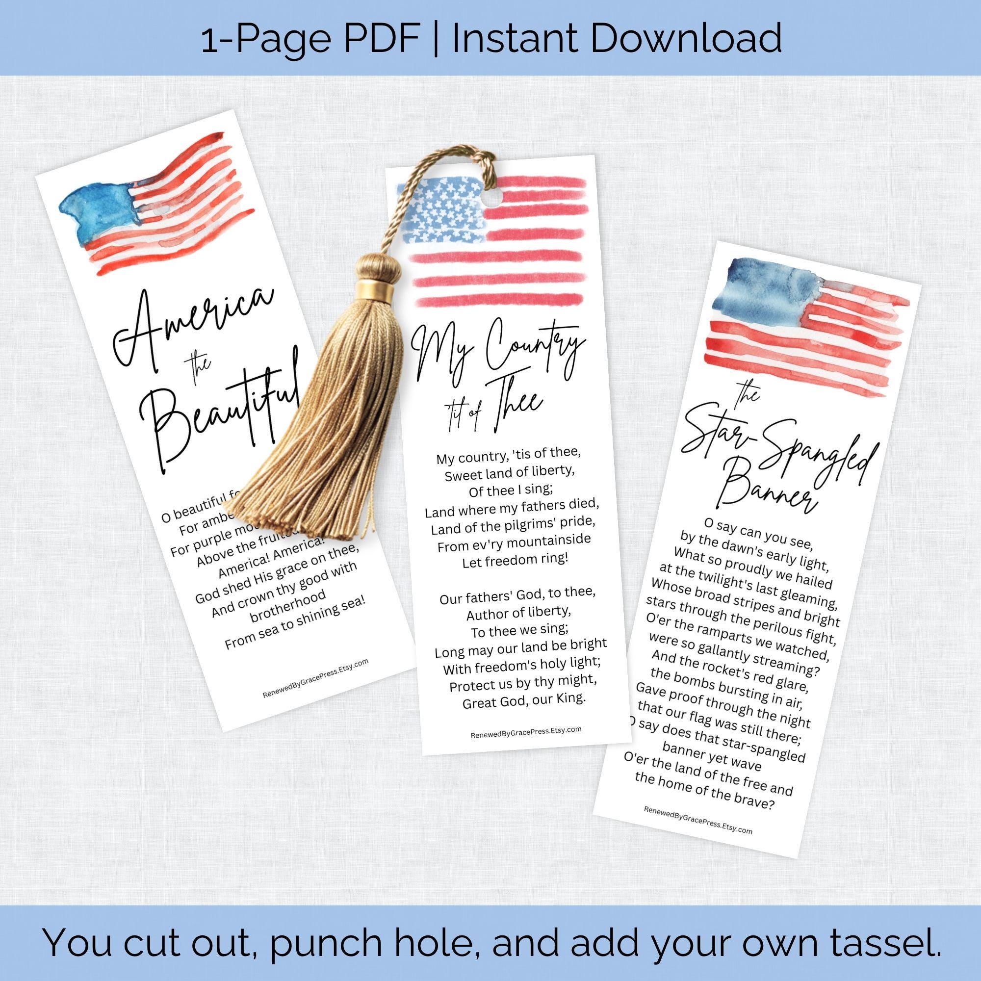 Patriotic Bookmark Printable Set, America the Beautiful, Star Spangled ...