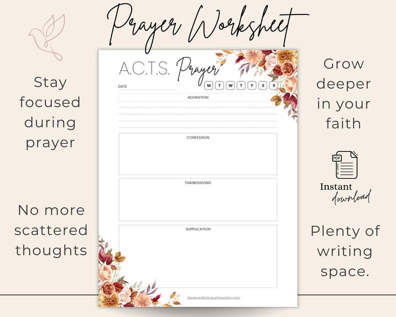 ACTS Prayer Worksheet Printable, Prayer Journal Page, Bible Study ...