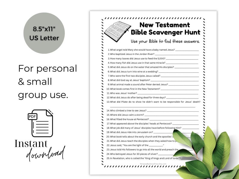 New Testament Bible Scavenger Hunt Game, Printable Activity for Sunday ...