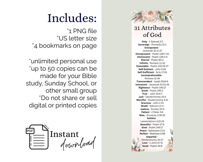 Attributes of God Bookmark Printable Bible Bookmark Christian Gifts ...