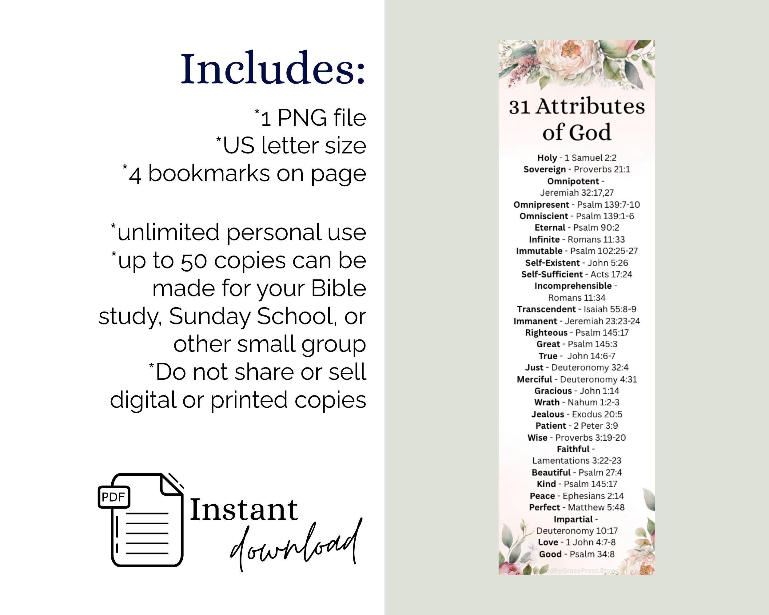 Attributes of God Bookmark Printable Bible Bookmark Christian Gifts ...