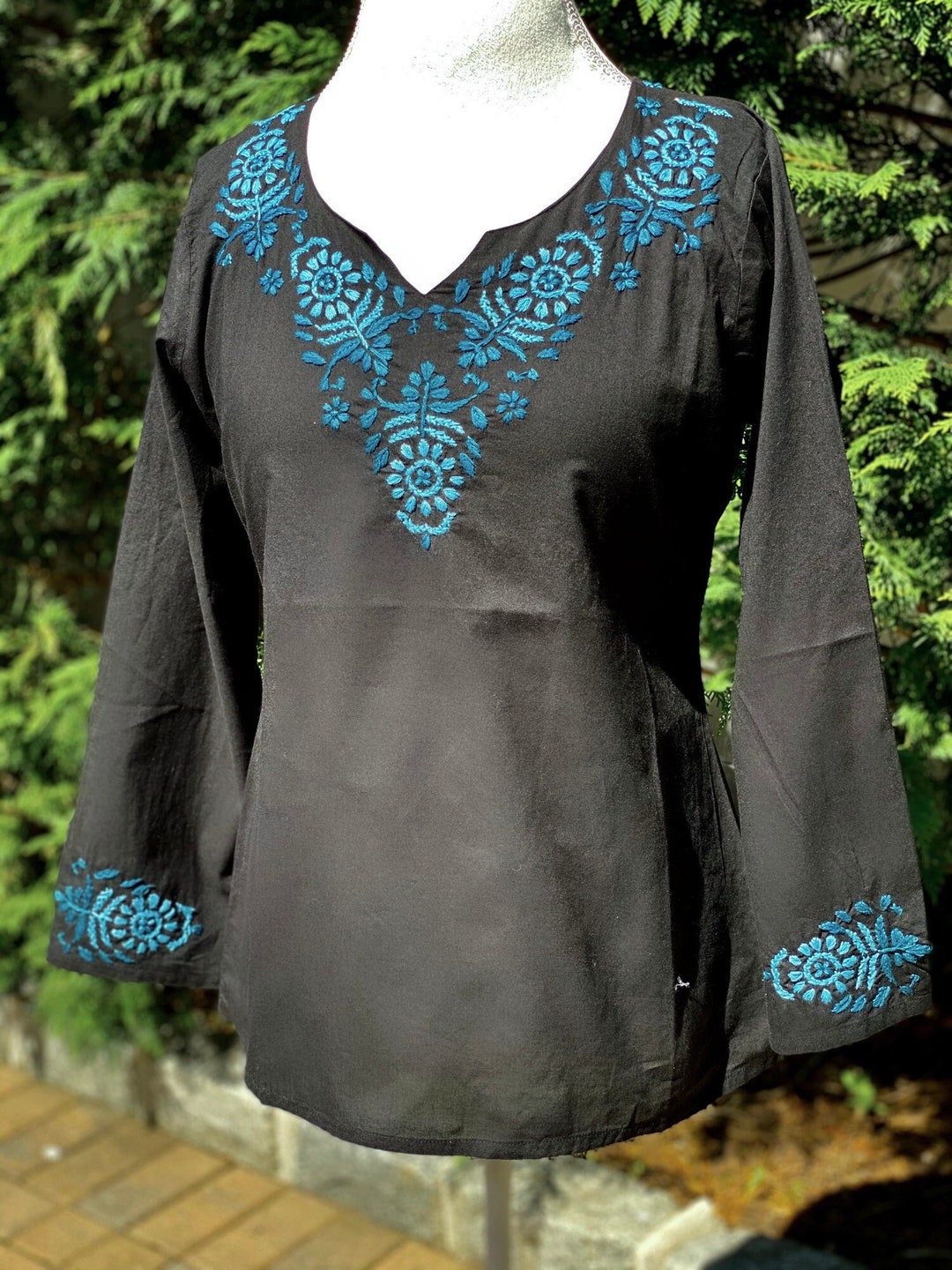 Bohemian 100% Cotton Black Turquoise Floral Hand Embroidered Boho-chic ...