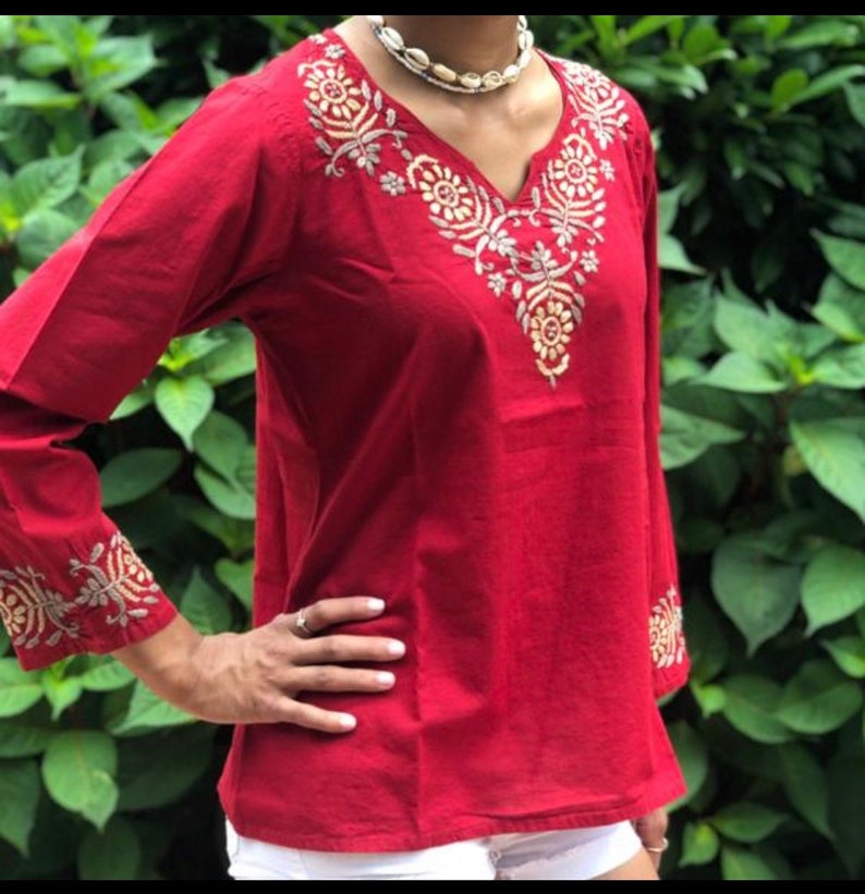 Red Bohemian 100% Cotton Boho Chic Top~tunic~blouse - Full Sleeve -XXS ...