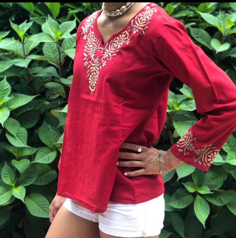 Red Bohemian 100% Cotton Boho Chic Top~tunic~blouse - Full Sleeve -XXS ...