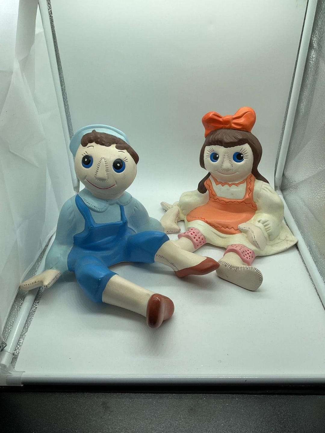 Ceramic Raggedy Ann & Andy Style Doll Figurines Bisque Hand Painted 8 ...