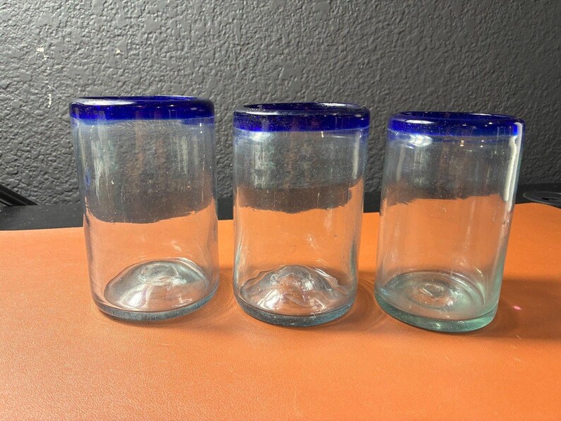 Mexican Hand Blown Glassware Cobalt Blue Rim 5" Tall Set of 4 - Etsy