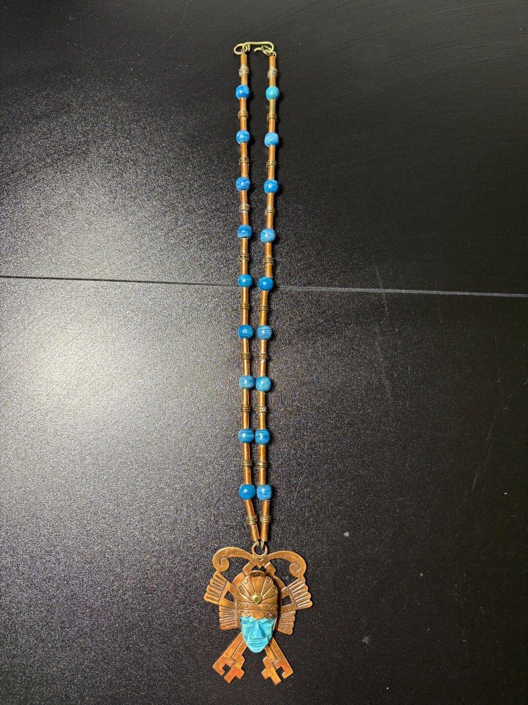 Vintage Mexico Copper Turquoise Aztec Mayan Mask Pendant Necklace Stone ...