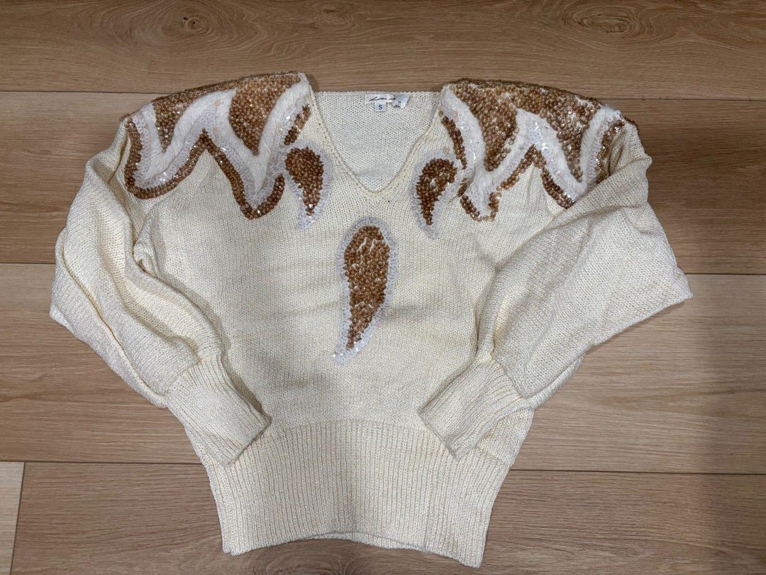 VINTAGE Lillie Rubin Sequin Sweater Ivory Gold White 80s Dolman Knit ...