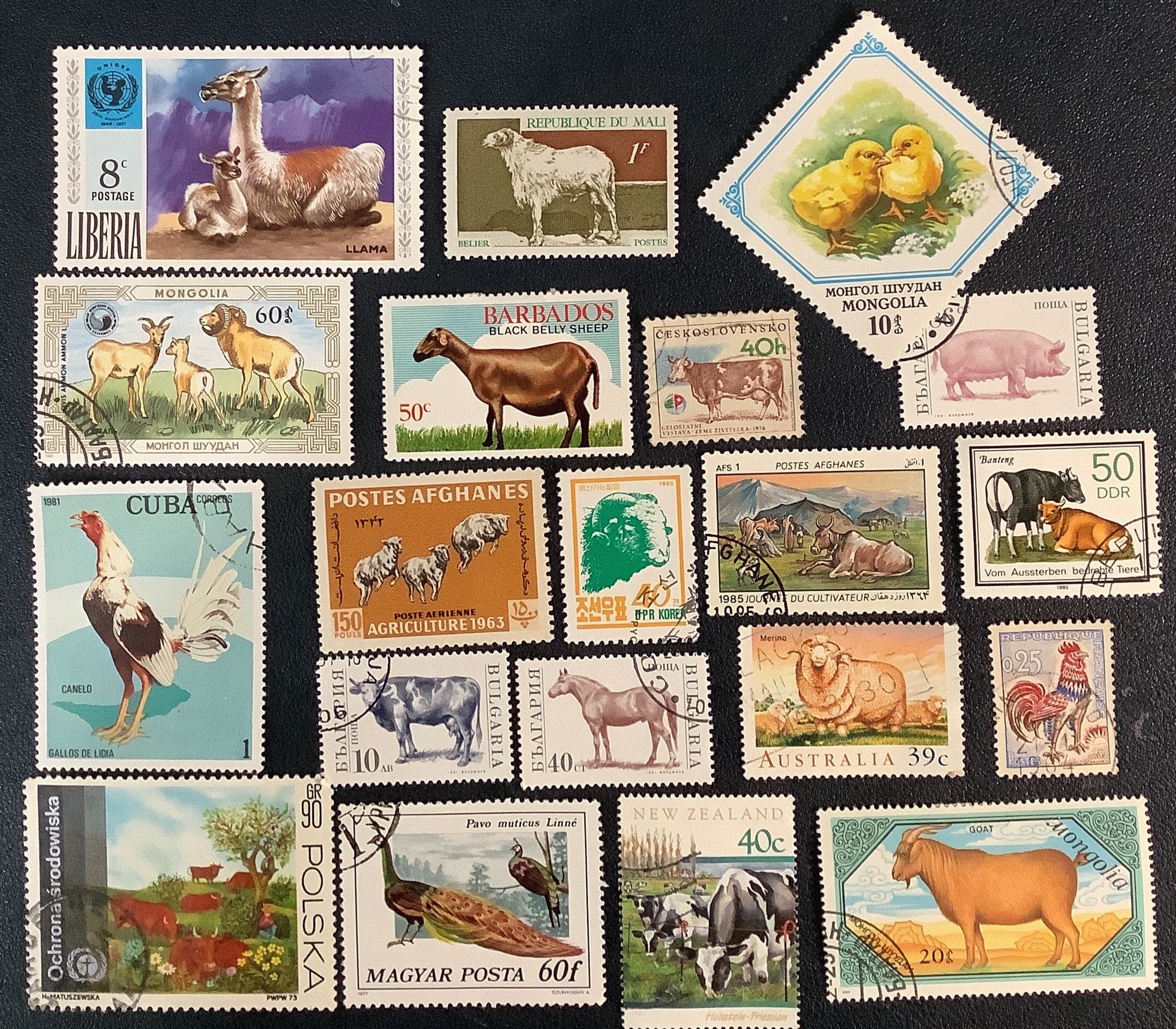 15 FARM ANIMALS Vintage Postage Stamps sheep goats cows chickens hogs ...