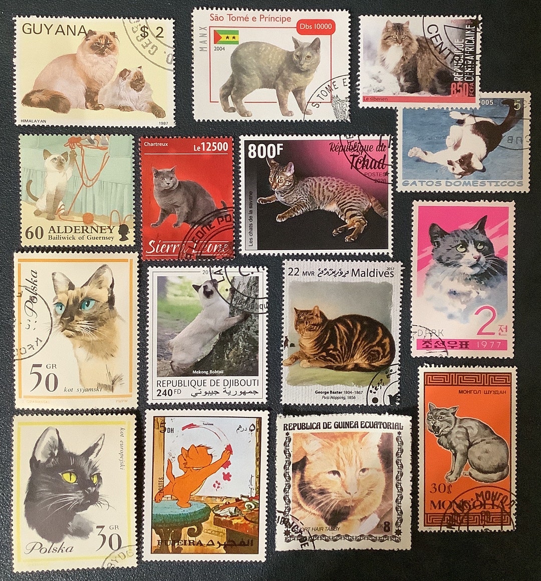 15 CATS KITTENS Vintage Postage Stamps Himalayan Tabby Shorthair ...