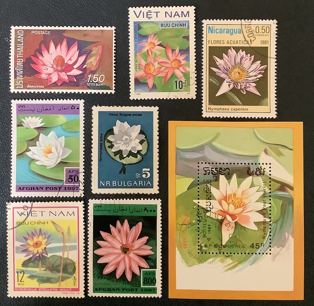 8 Lotus Water Lilies FLOWERS Vintage Postage Stamps for Collage Altered ...