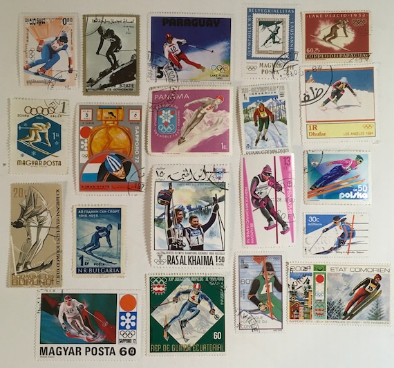 20 Vintage Olympics SKIING Downhill Postage Stamps for crafts | Etsy