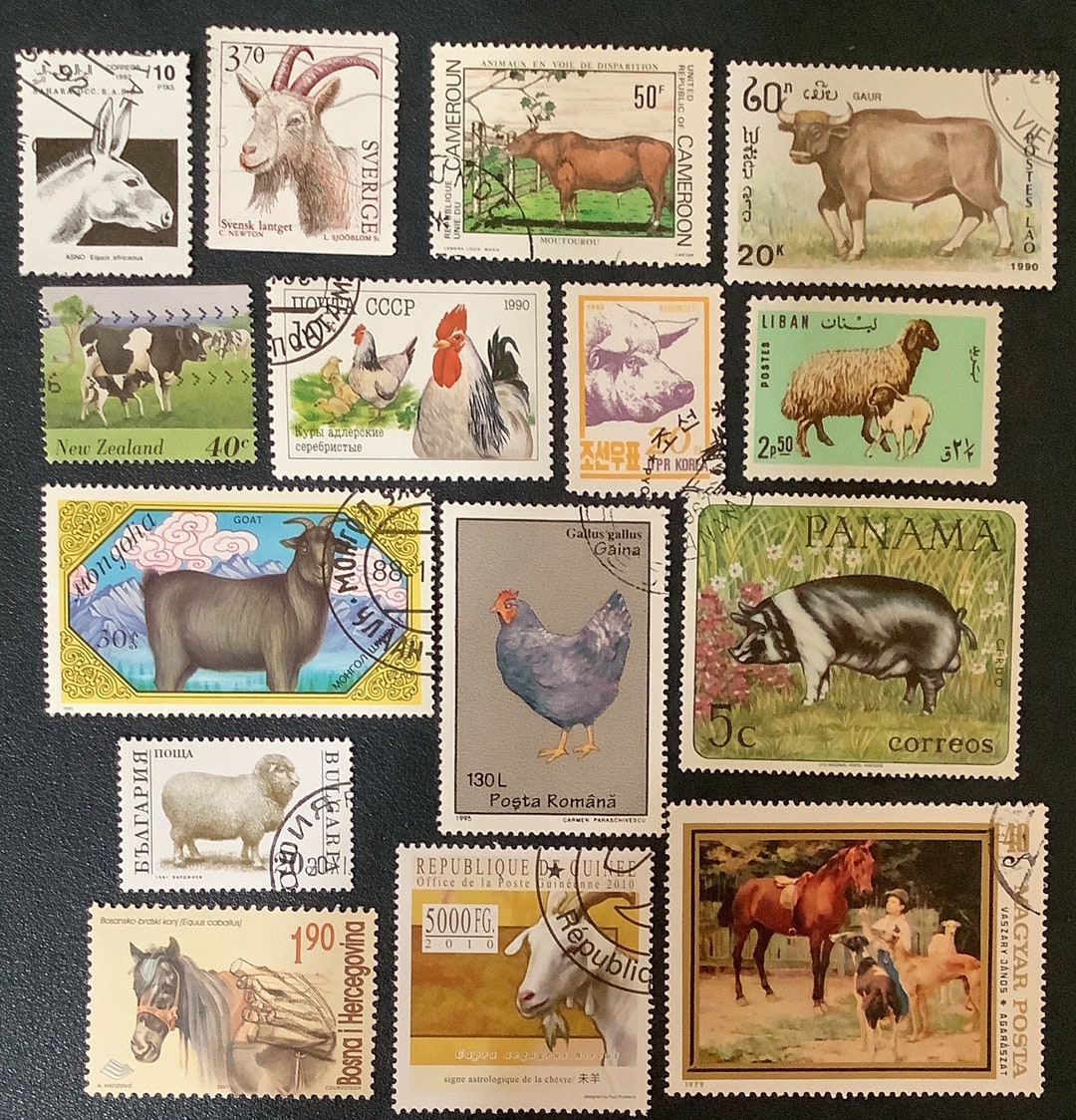 15 FARM ANIMALS Vintage Postage Stamps Pigs Sheep Goats Cows Chickens ...