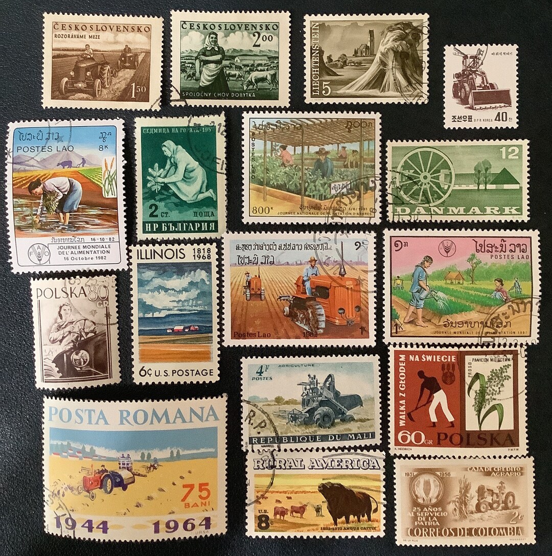 17 FARMS FARMING Equipment Tractors Vintage World Postage Stamps Paper ...