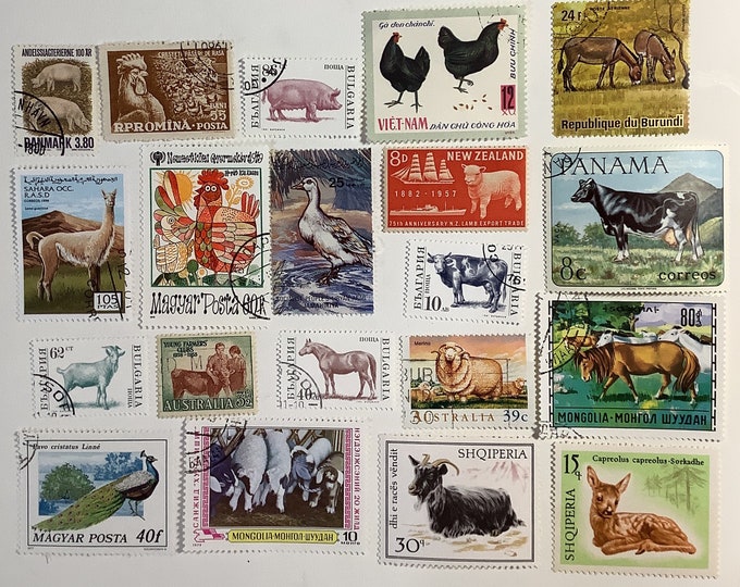 15 FARM ANIMALS Vintage Postage Stamps sheep goats cows chickens hogs ...