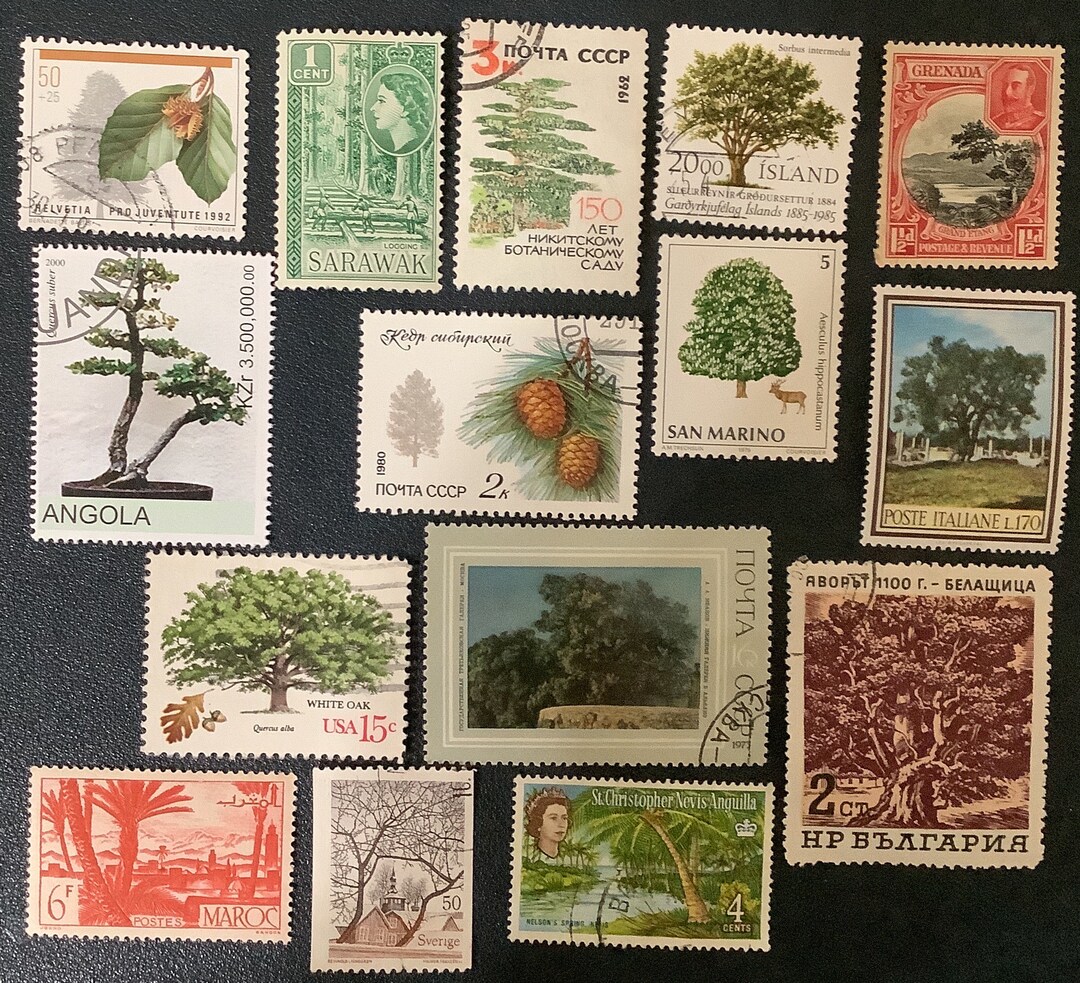 15 TREES Vintage Postage Stamps Palms Evergreen Bonsai Oaks Palms Trees ...