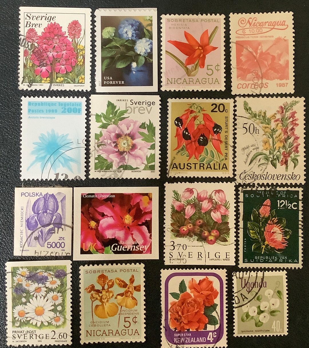 16 FLOWERS SMALL SIZED Vintage Postage Stamps Roses Iris Hydrangeas ...