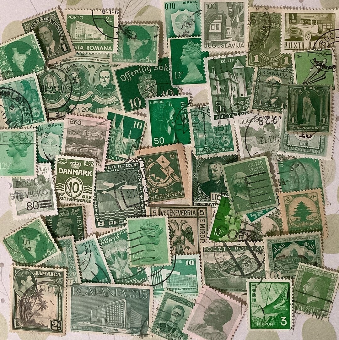 50 BRIGHT KELLY GREEN Used Vintage World Postage Stamps for Crafting ...