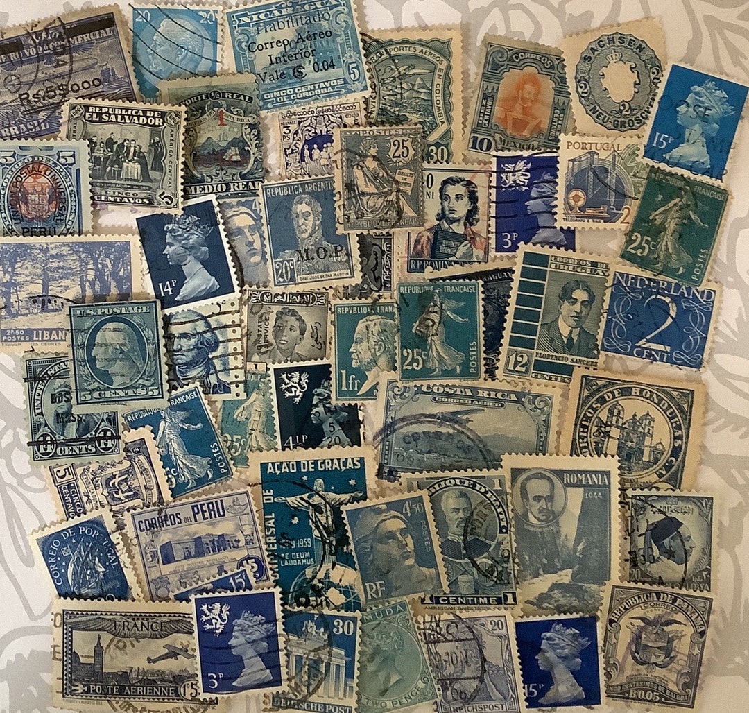 50 SHADES of BLUE Used World Postage Stamps for Crafting, Collage ...