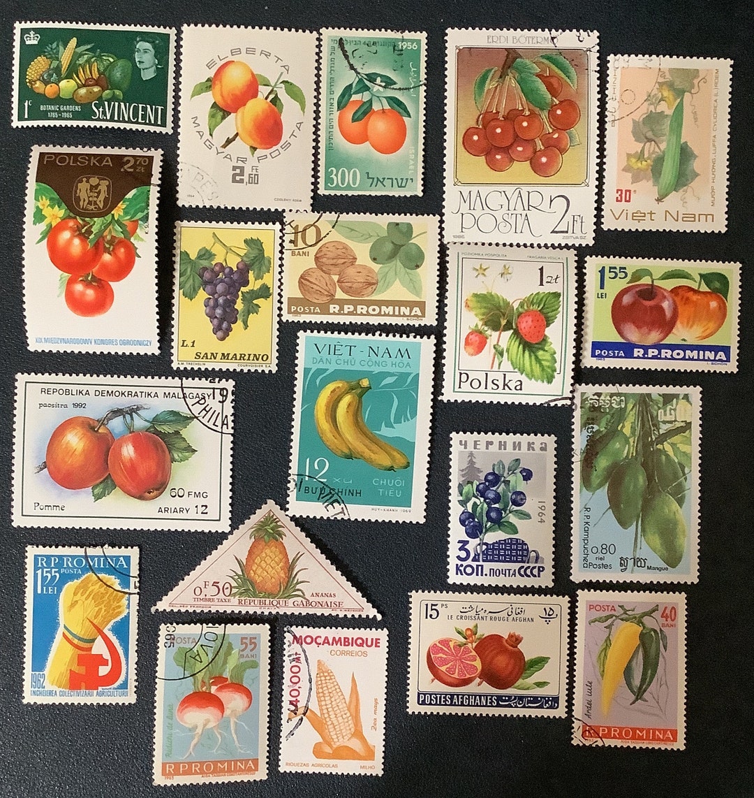 20 FRUIT VEGETABLES Edible Plants Vintage Postage Stamps Peppers ...