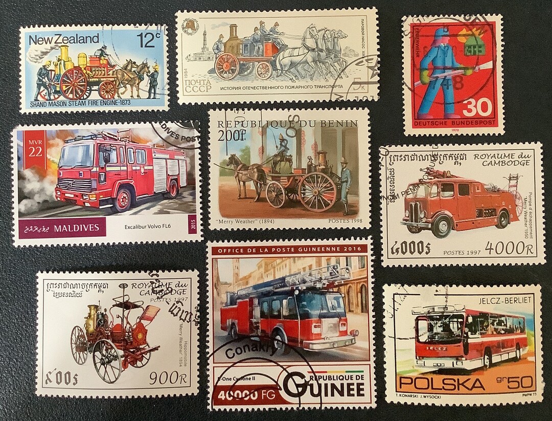 9 FIRE ENGINES FIREMEN Vintage World Postage Stamps - Etsy