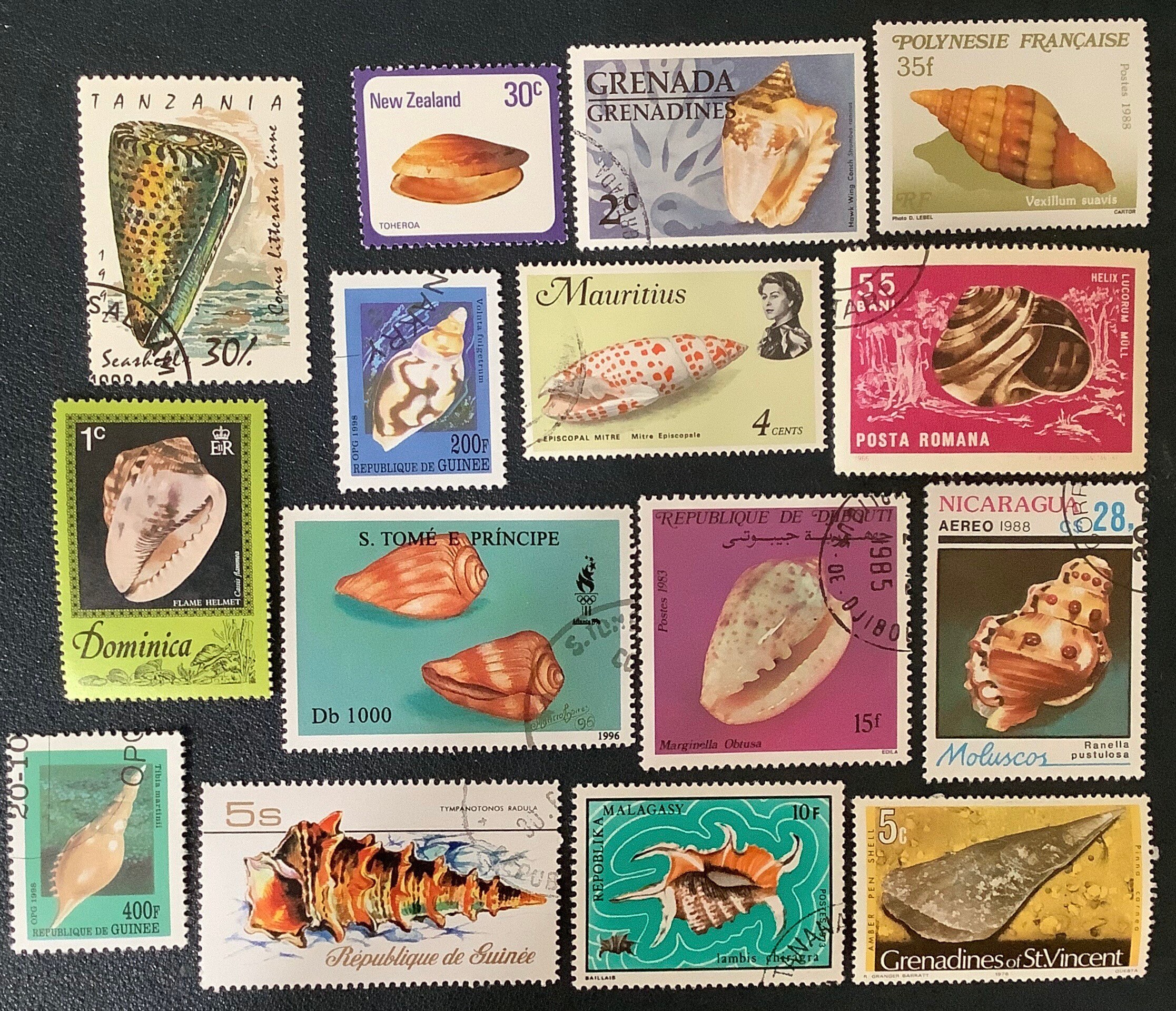 15 SEA SHELLS Ocean Worldwide Postage Stamps Paper Crafting Collecting ...
