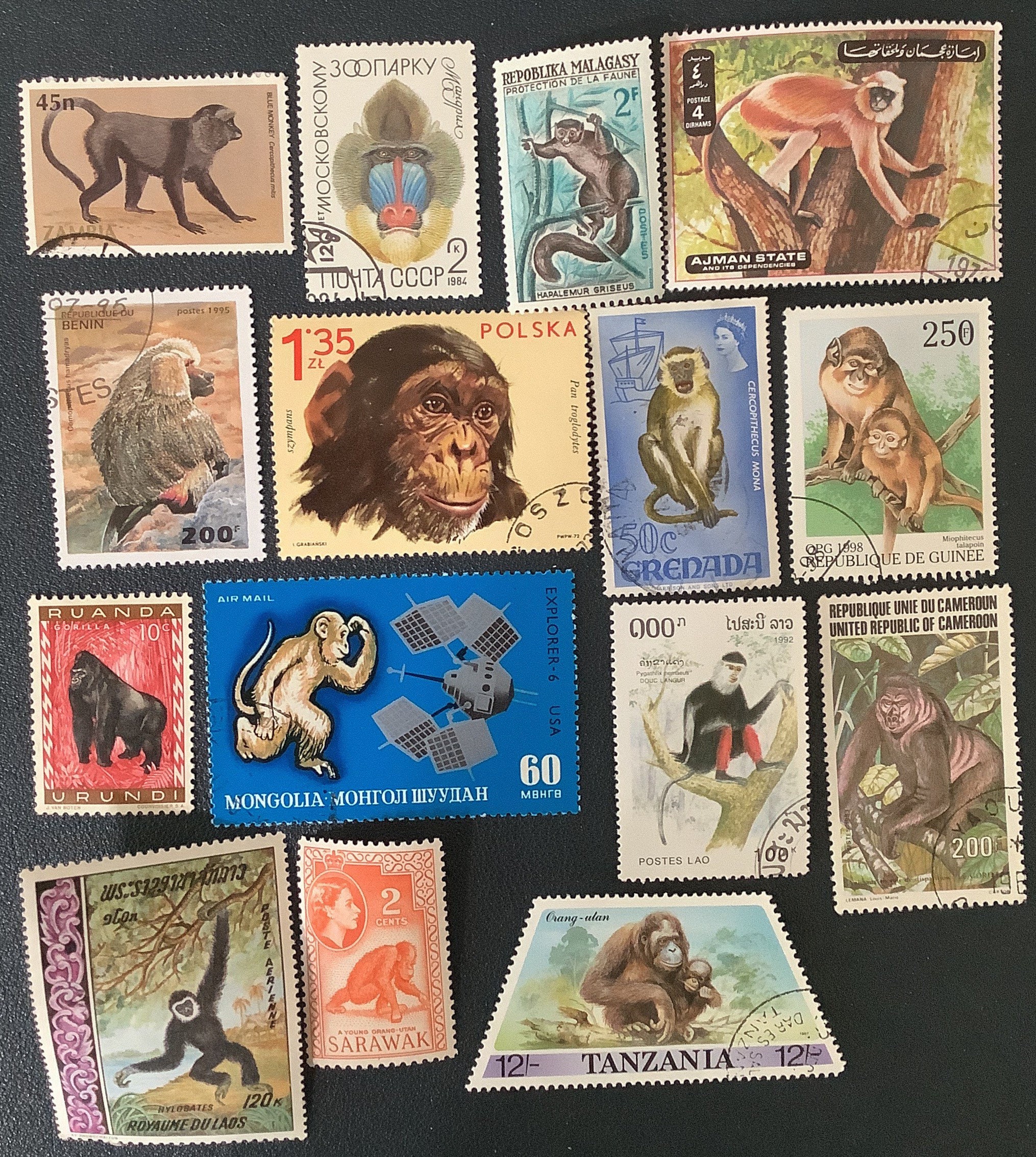10 APES MONKEYS PRIMATES Chimps Gorilla Postage Stamps crafting collage ...
