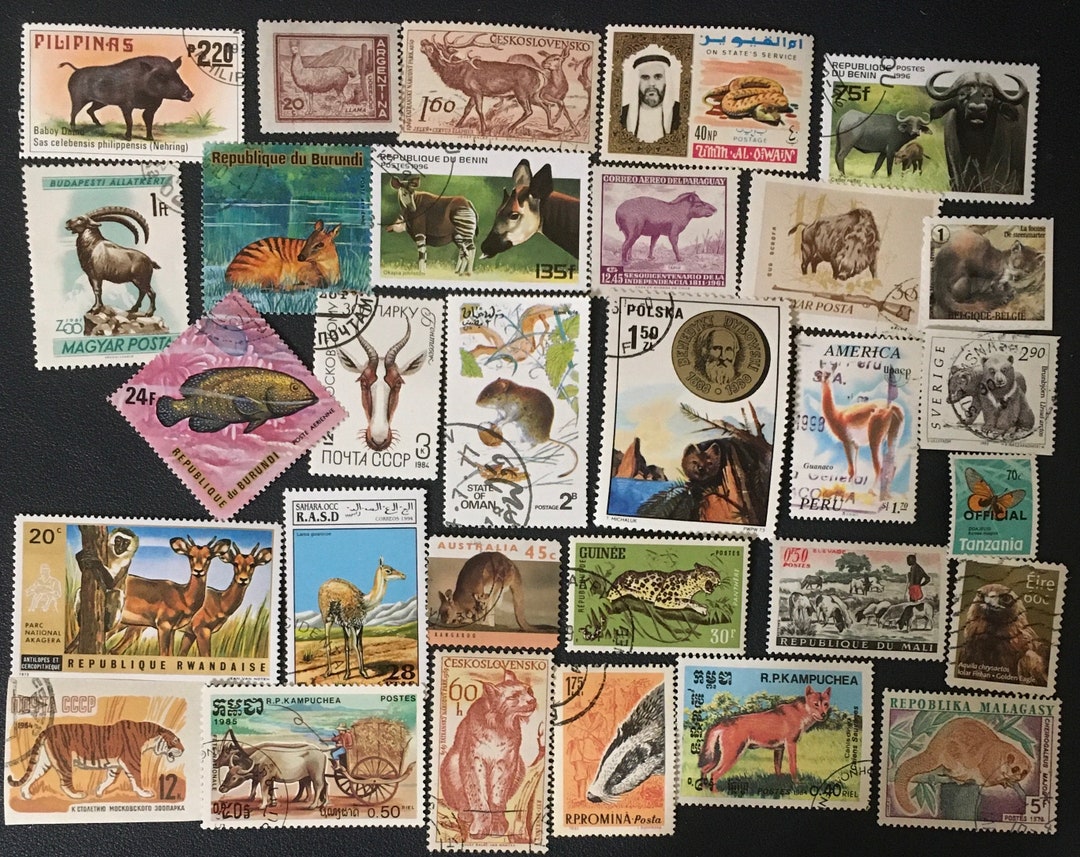 30 WILD ANIMALS Vintage Postage Stamps Birds Moose Antelope Crafts ...