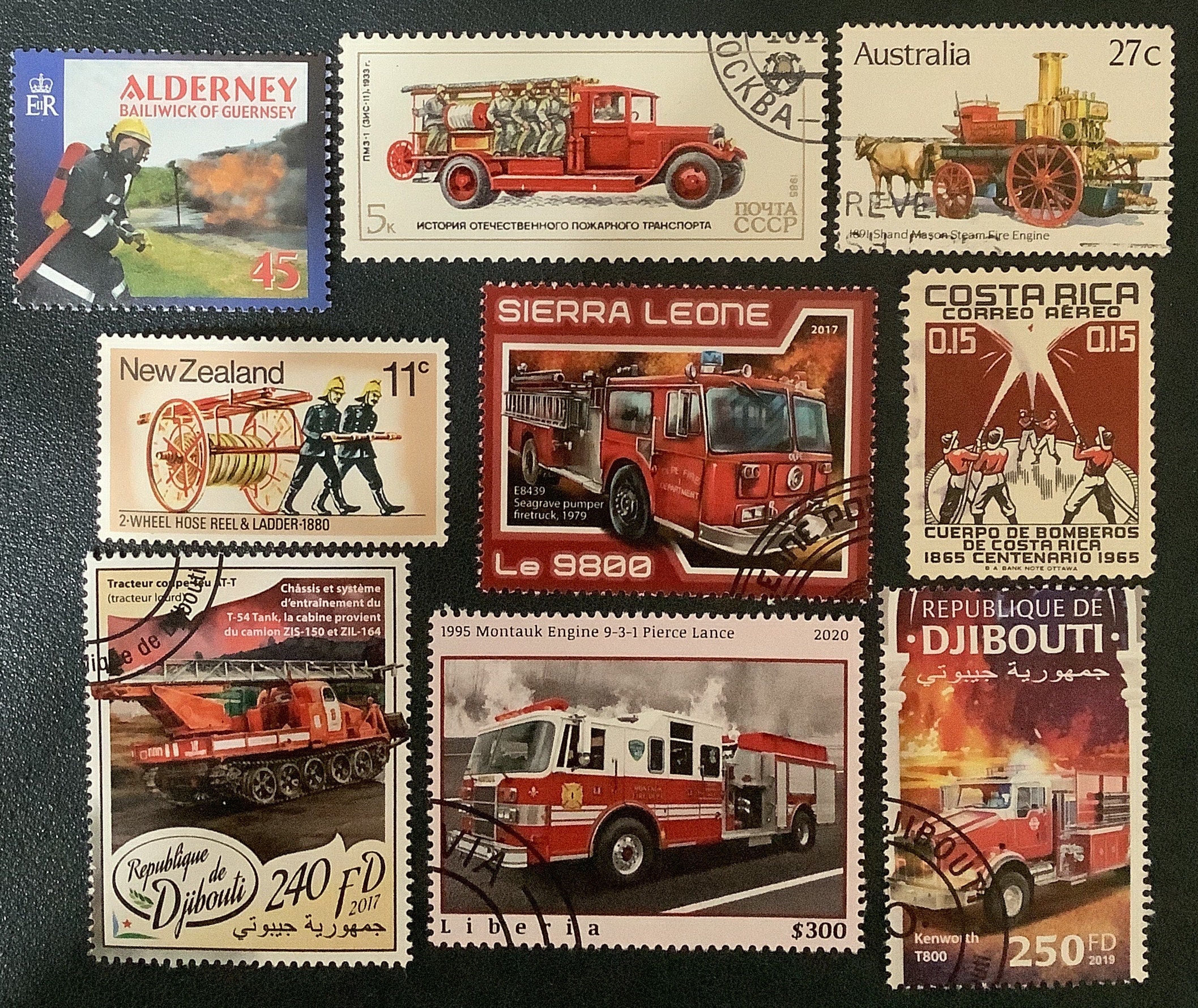 9 FIRE ENGINES FIREMEN Vintage World Postage Stamps, Transportation ...