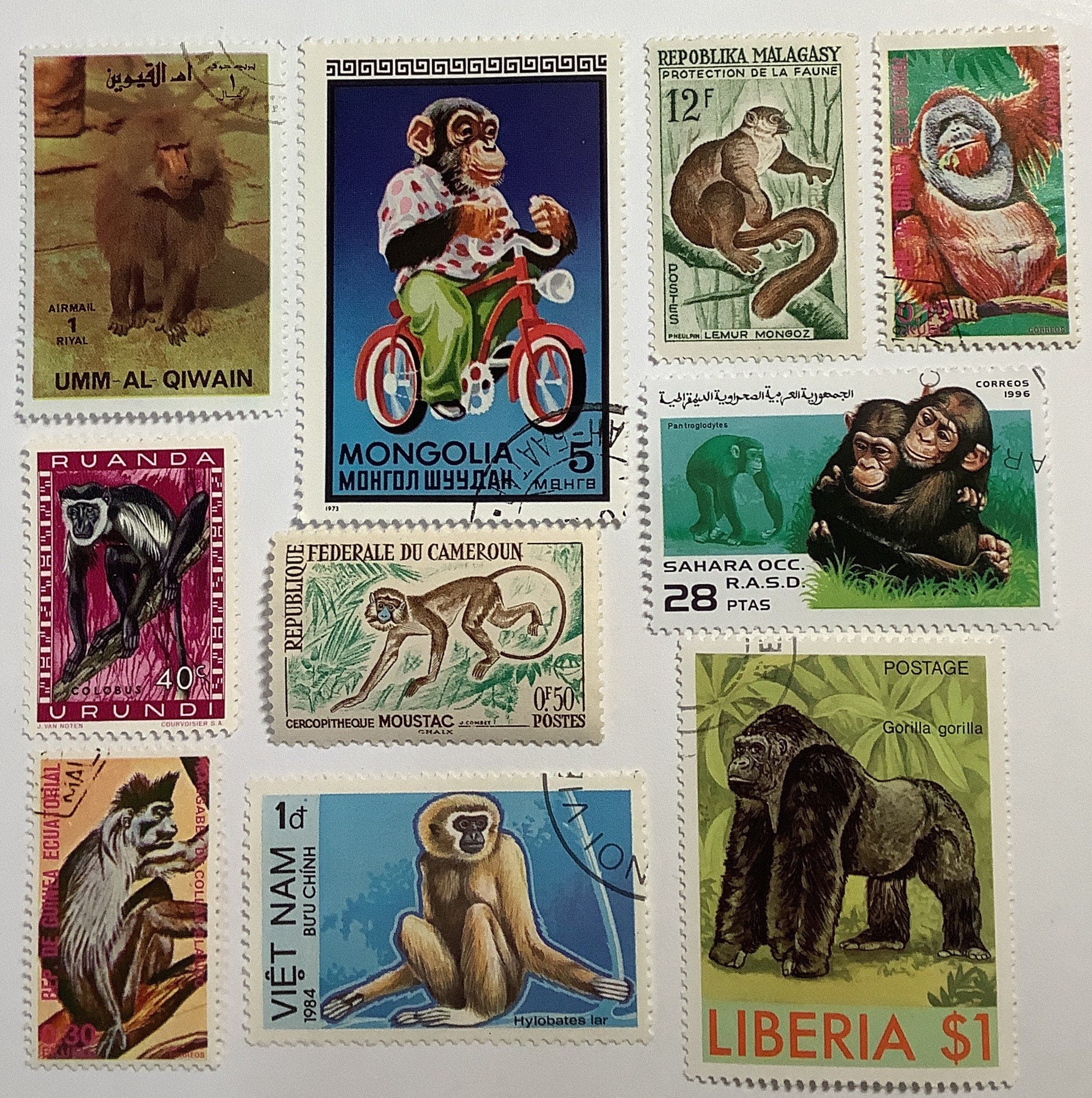 10 APES MONKEYS PRIMATES Chimps Gorilla Postage Stamps crafting collage ...