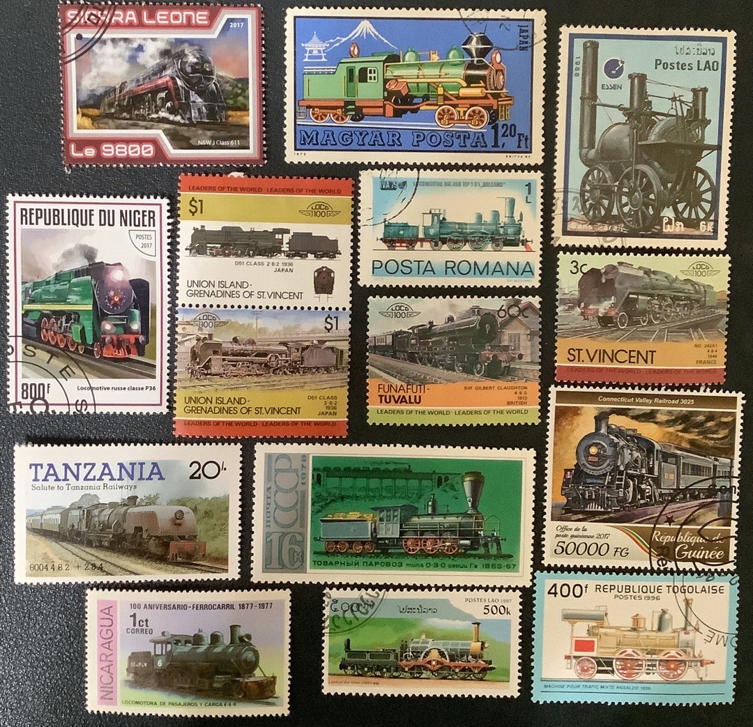 15 STEAM TRAINS Locomotives Postage Stamps Craft Supply Collage Altered ...