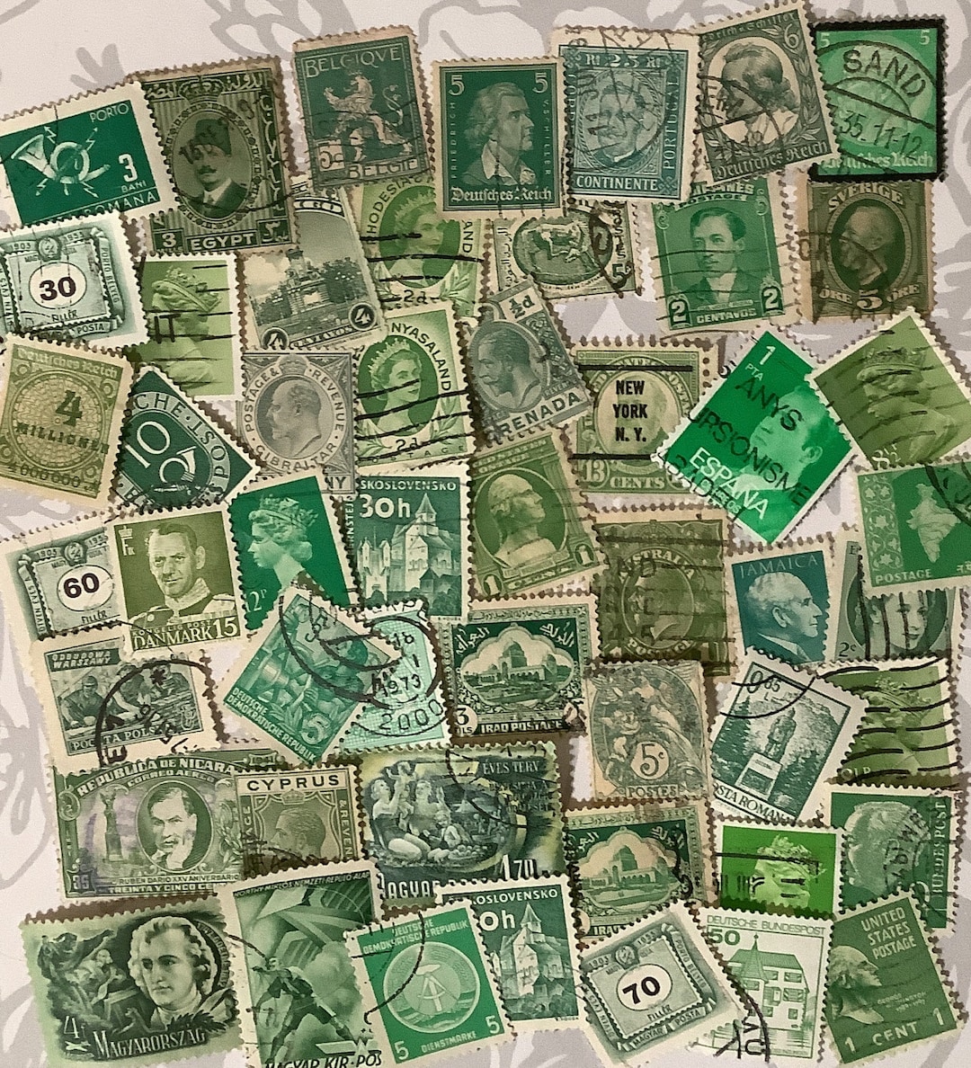 50 BRIGHT KELLY GREEN Used Vintage World Postage Stamps for Crafting ...