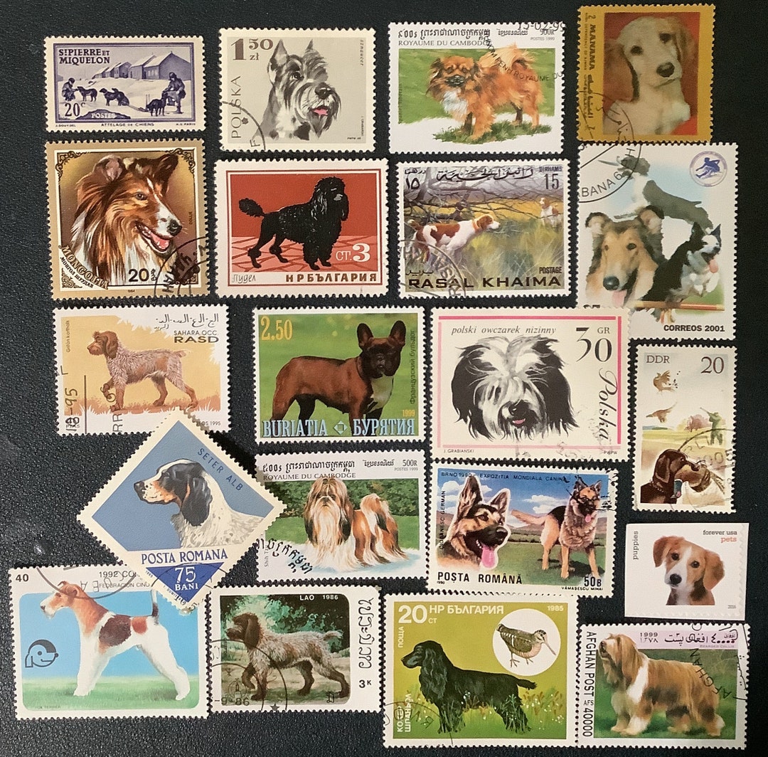 20 DOGS ANIMALS Vintage Postage Stamps Beagles Frenchies Setters ...