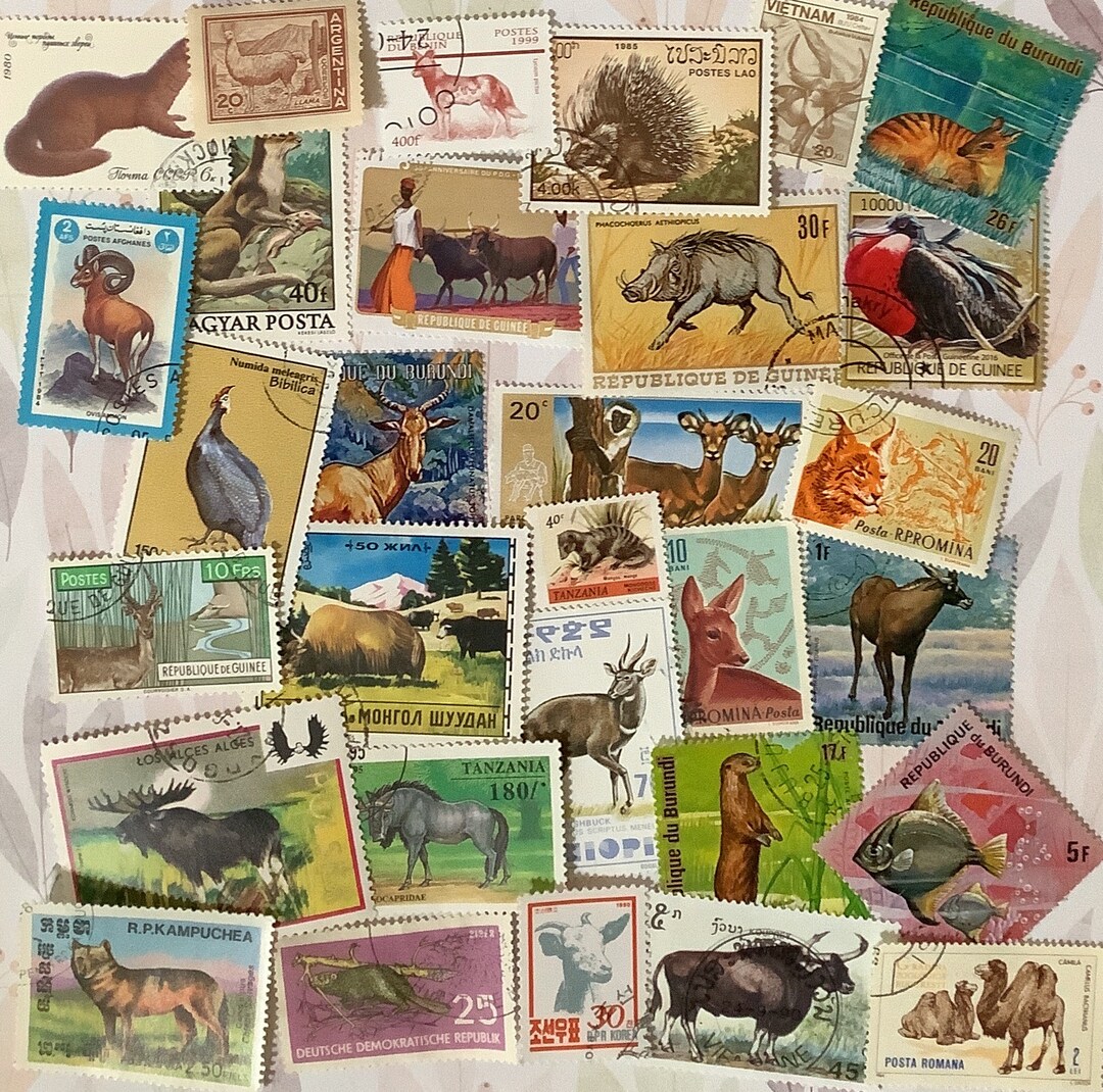 30 WILD ANIMALS Vintage Postage Stamps Rams Moose Antelope Crafts ...
