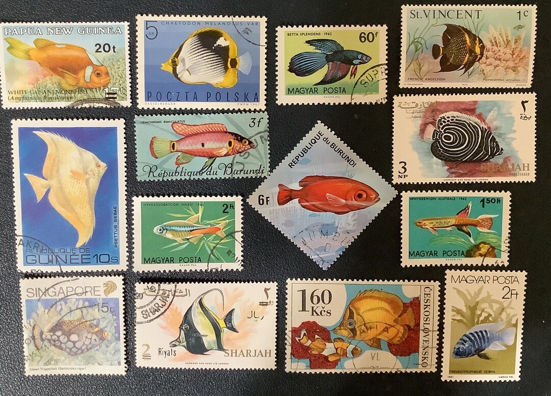 14 TROPICAL FISH Vintage Postage Stamps Paper Crafts Philately Jewelry ...