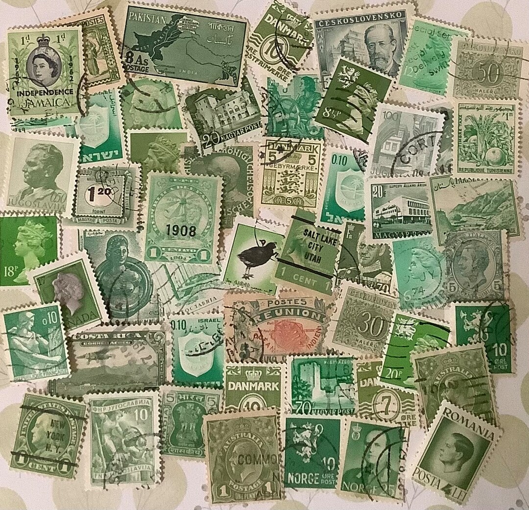 50 Light Green Used World Postage Stamps Crafts Collage Journals Cards ...