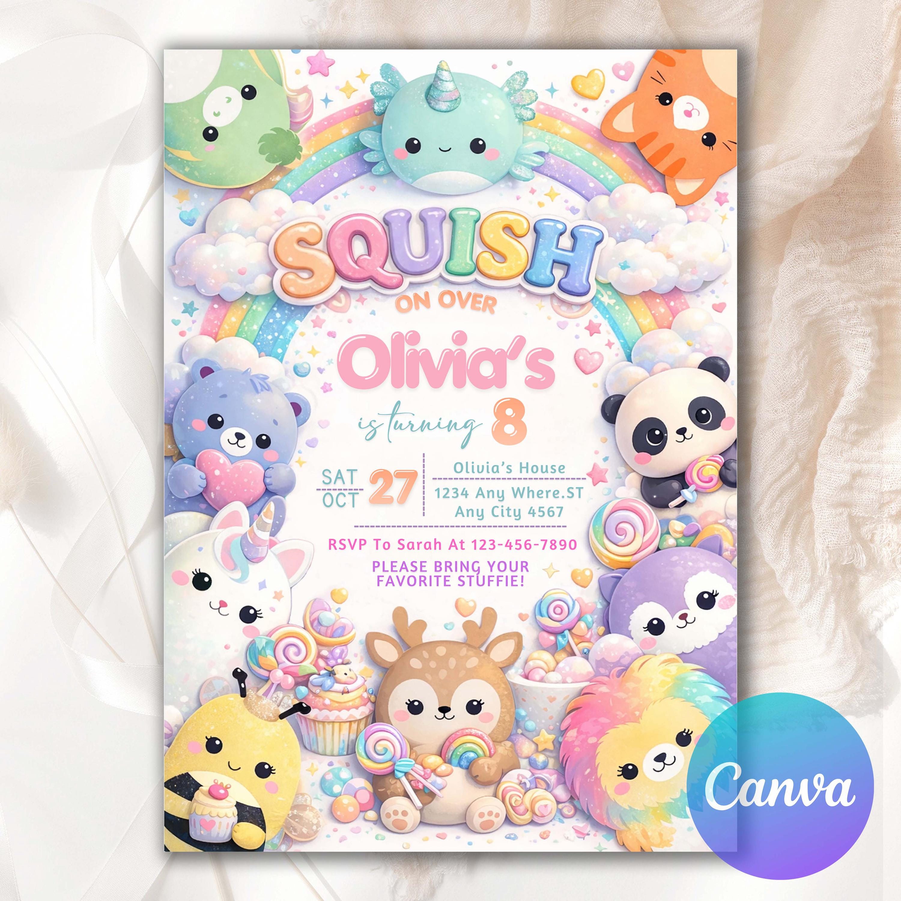 Squishmallow Birthday Invitation Template | Cute Pastel Kawaii Party ...