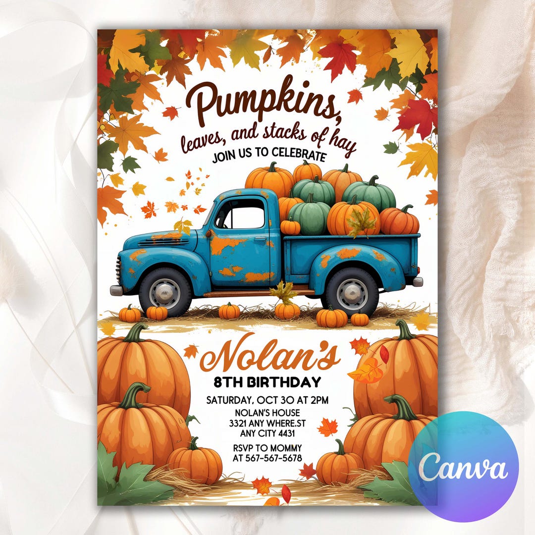 Little Pumpkin Baby Shower Invitation: Autumn, Blue Truck, Fall Theme ...
